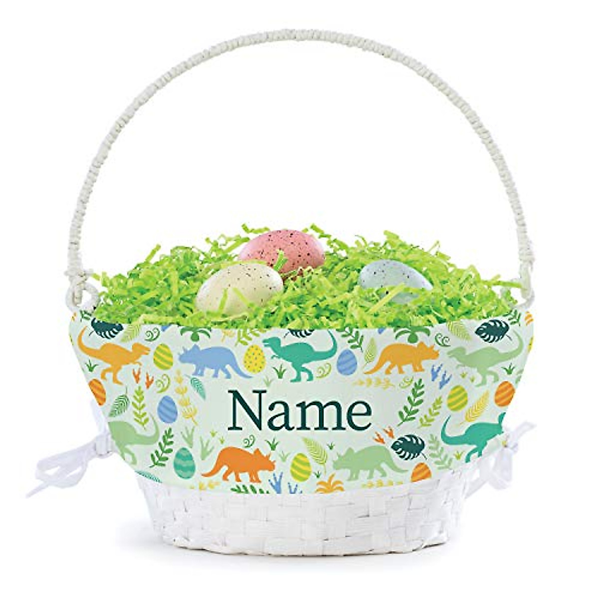 Dino Pattern Personalized Easter Egg Basket with Handle and Custom Name | Green Easter Basket Liners | White Basket | Woven Easter Baskets for Kids | Customized Easter Basket | Gift for Easter