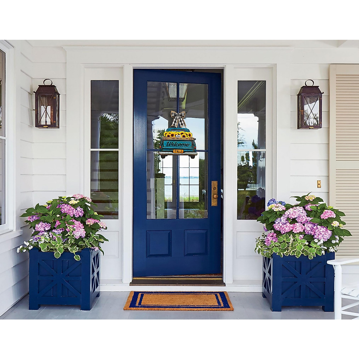 Interchangeable Welcome Sign for Front Door Blue Farmhouse Truck Decor Hanging Sign with 11 Interchangeable Seasonal and Holiday Decor Signs 12x14 in. (Blue Farmhouse Truck)