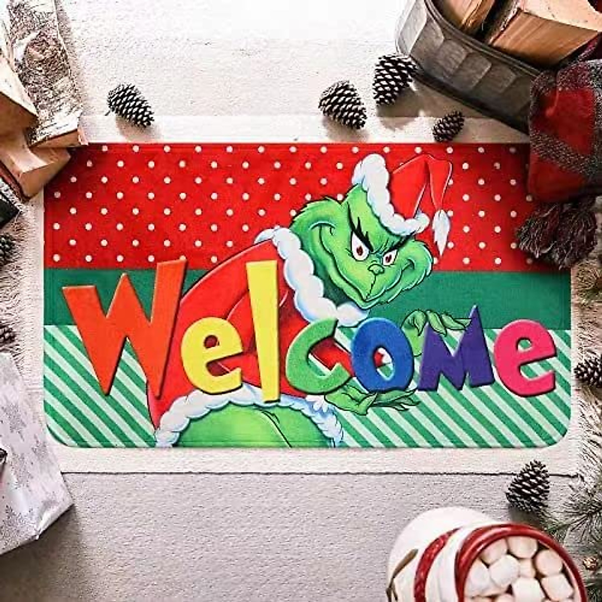 EVECLIOO Christmas Door Mat, Green Cartoon Character Car Kitchen Rug Decor of Winter Holiday Party Home Decorations Non-Slip, Washable, Stain and Resistant Fade, Welcome