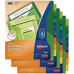Avery 8-Tab Plastic Pocket Dividers for Home Office or Homeschool Supplies, Insertable Multicolor, 3 Sets (11907)