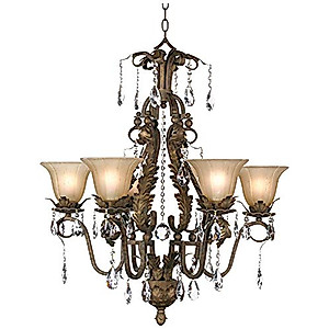 Regency Hill Iron Leaf Roman Bronze Chandelier Lighting 29" Wide Crystal Cream Glass Shade 6-Light Fixture for Dining Room House Foyer Entryway Kitchen Bedroom Living Room High Ceilings