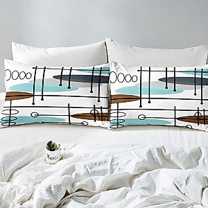 Erosebridal Mid Century Bedding Sets Queen Modern Minimalist Comforter Cover, Hippie Old Fashion Bed Set Abstract Artwork Duvet Cover, Aesthetic Lines Circles Quilt Cover Teal White Grey