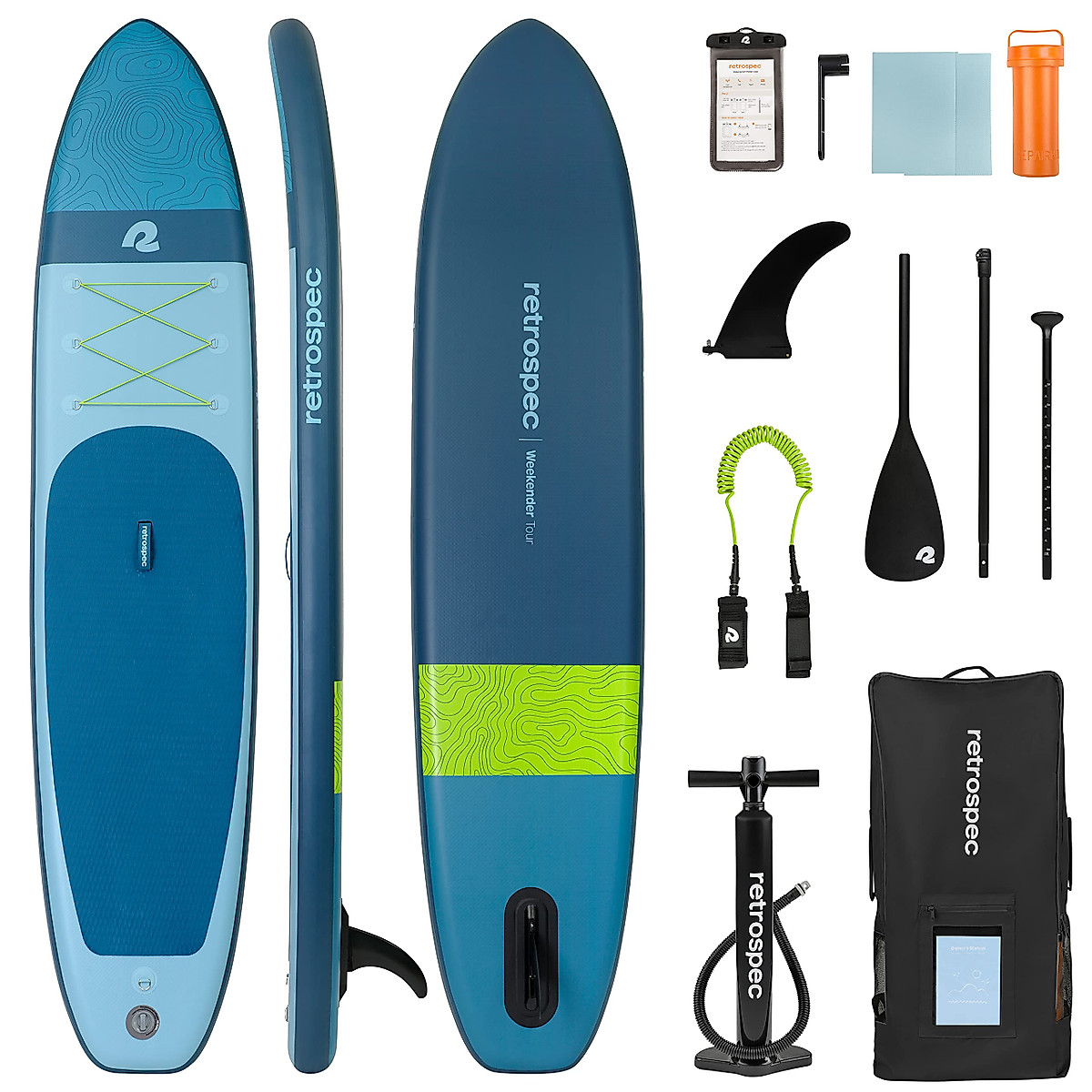 Retrospec Weekender-Tour 11' Inflatable Stand Up Paddleboard iSUP Bundle with Carrying Case, 3 Piece Adjustable Aluminum Paddle, 3 Removable Fins, Pump, and Cell Phone Case