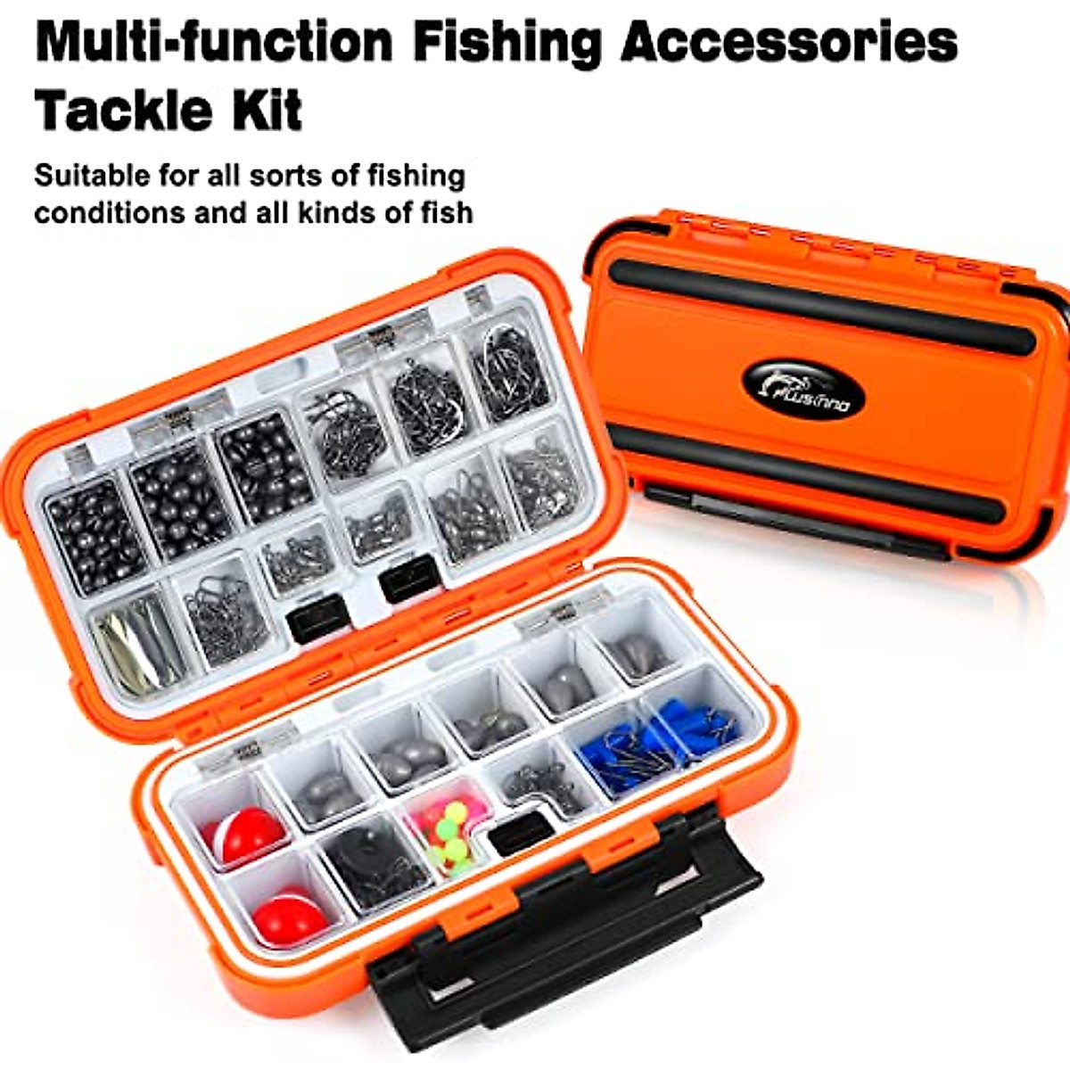 PLUSINNO 253pcs Fishing Accessories Kit, Fishing Tackle Box with Tackle Included, Fishing Hooks, Fishing Weights Sinkers, Spinner Blade, Fishing Gear for Bass, Bluegill, Crappie, Fishing