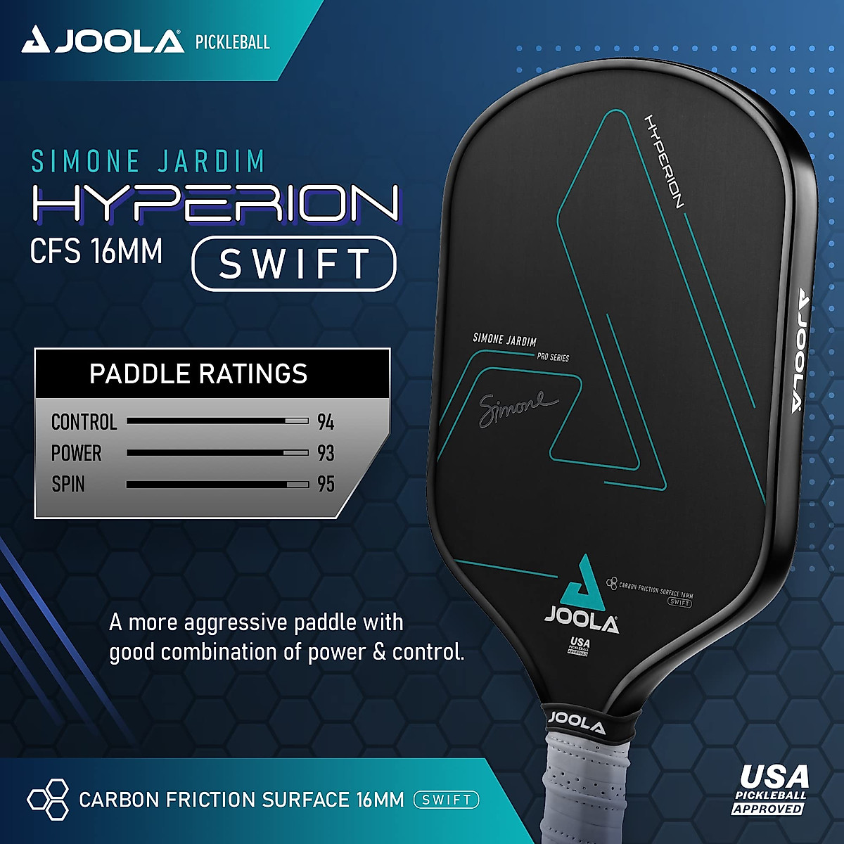 JOOLA Simone Jardim Hyperion CFS Swift Pickleball Paddle - USAPA Approved for Tournament Play - 16mm Carbon Fiber Pickle Ball Racket - Maximum Speed with High Grit & Spin, CFS 16mm Swift