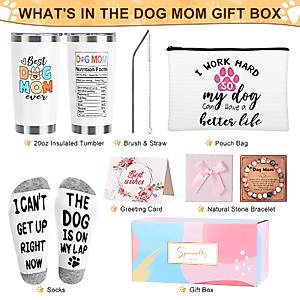 Dog Mom Gifts for Women, Dog Lover Gifts for Women, Dog Mom Mothers Day Gifts, Birthday, Christmas Gifts, 20oz Wine Tumbler Gifts Basket with Makeup Bag, Natural Stone Paw Bracelets, Socks