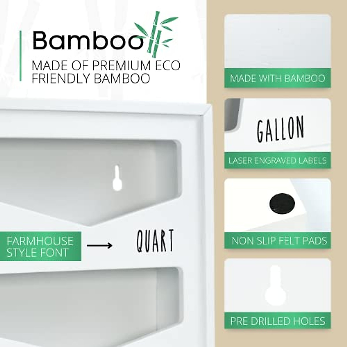 Pandability Premium Storage Bag Organizer for Drawer – Kitchen Organization – Food Storage Container - Compatible with Ziplock Bags, Snack Bags & Gallon Bags – Bamboo w/ Farmhouse Font - White