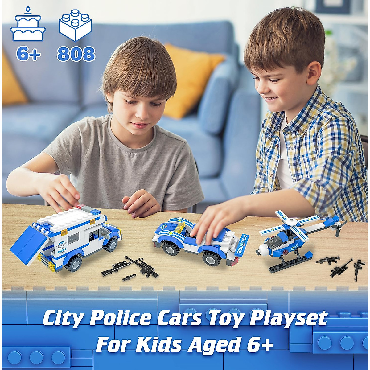 WishaLife City Police Station Building Kit, Includes 4 Police Cars & 2 Helicopter Toy, Gifts for 6 Plus Year Old Kids, Boys & Girls
