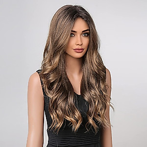 BERON Brown Wig Long Wavy Wig Brown Wigs for Women Long Curly Wig Brown with Dark Roots Synthetic Hair Wave Wigs with Dark Roots Wig Cap Include