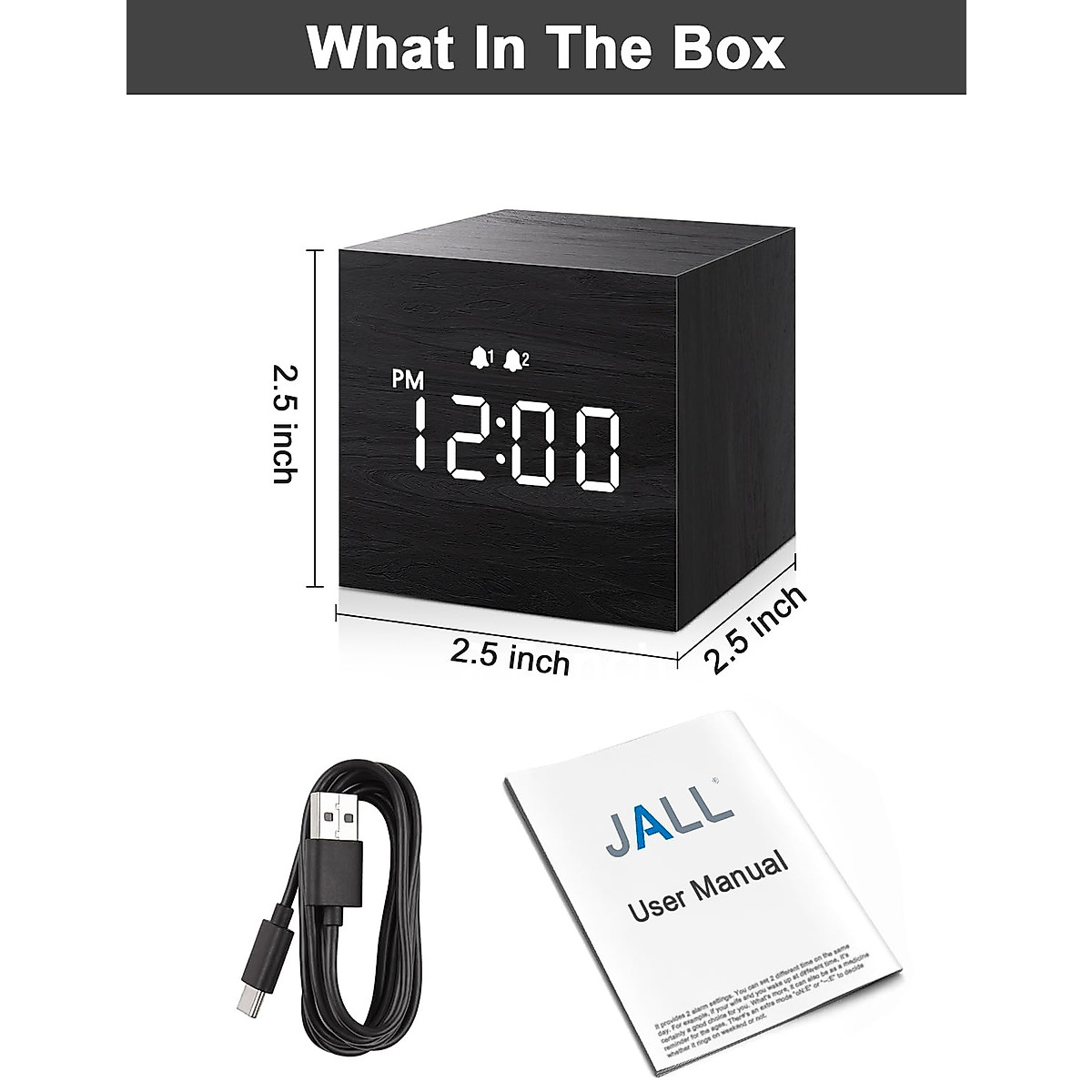 JALL Digital Alarm Clock, with Wooden Electronic LED Time Display, Dual Alarm, 2.5-inch Cubic Small Mini Wood Made Electric Clocks for Bedroom, Bedside, Desk, Black