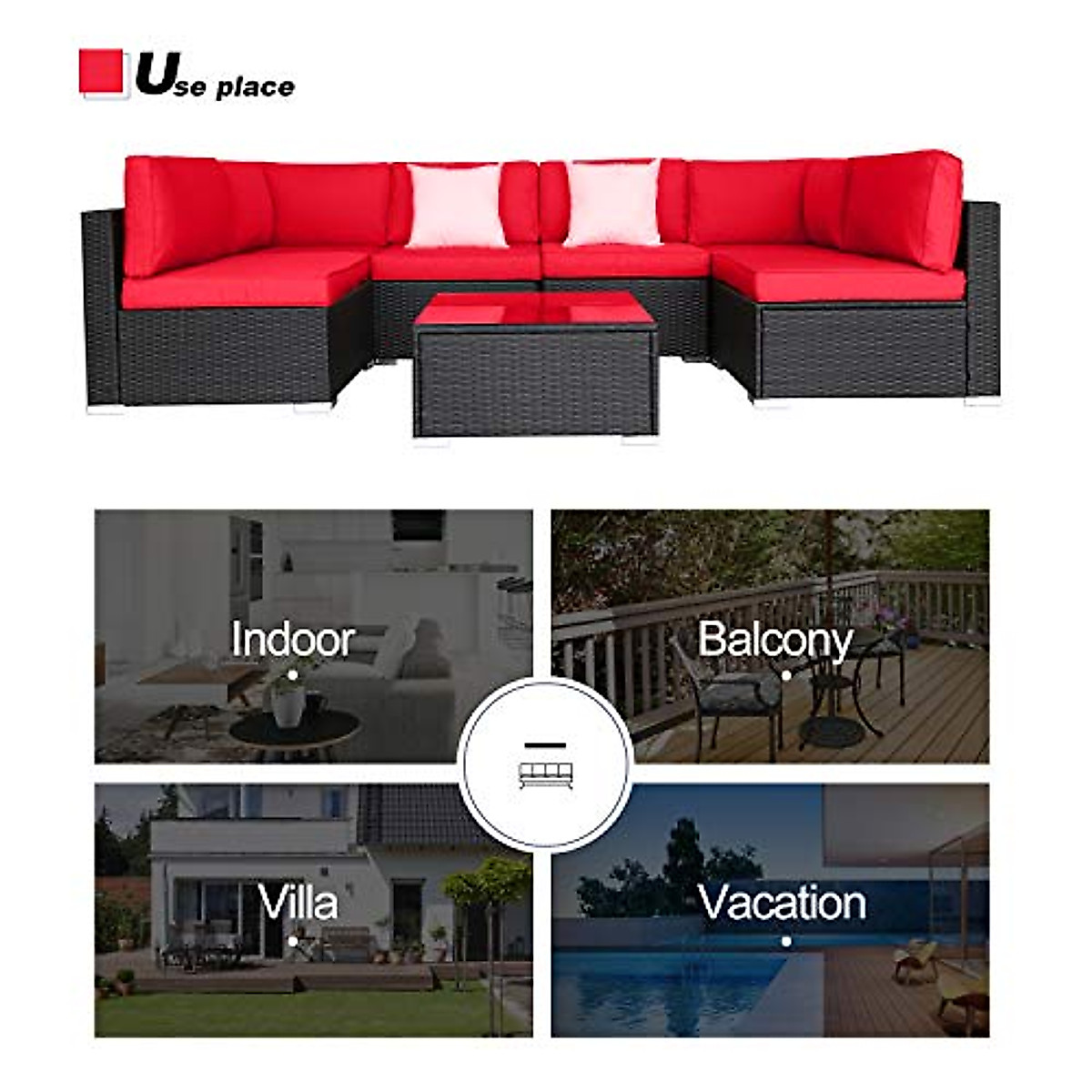 Excited Work 7 PCs Outdoor Patio Furniture Sets PE Rattan Wicker Sofa Sectional Furniture Set with 2 Pillows and Tea Table (Red)