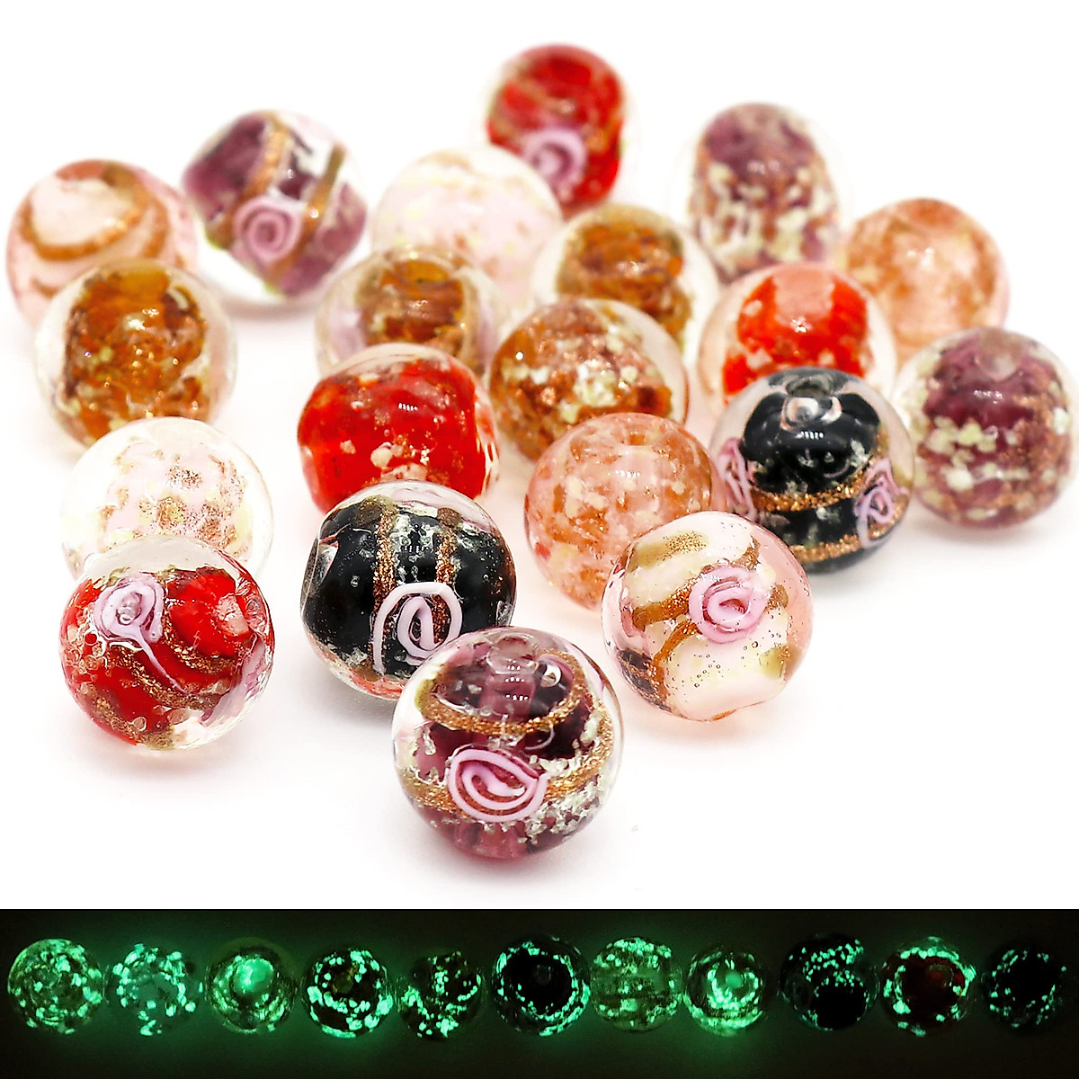 Artsy Crafts 20 Pcs Assorted Glow in The Dark Firefly Beads 12mm European Lampwork Luminous Glass Beads for Jewelry Making Charm Bracelet Necklace Earrings Crafts (Red Series 20pcs)