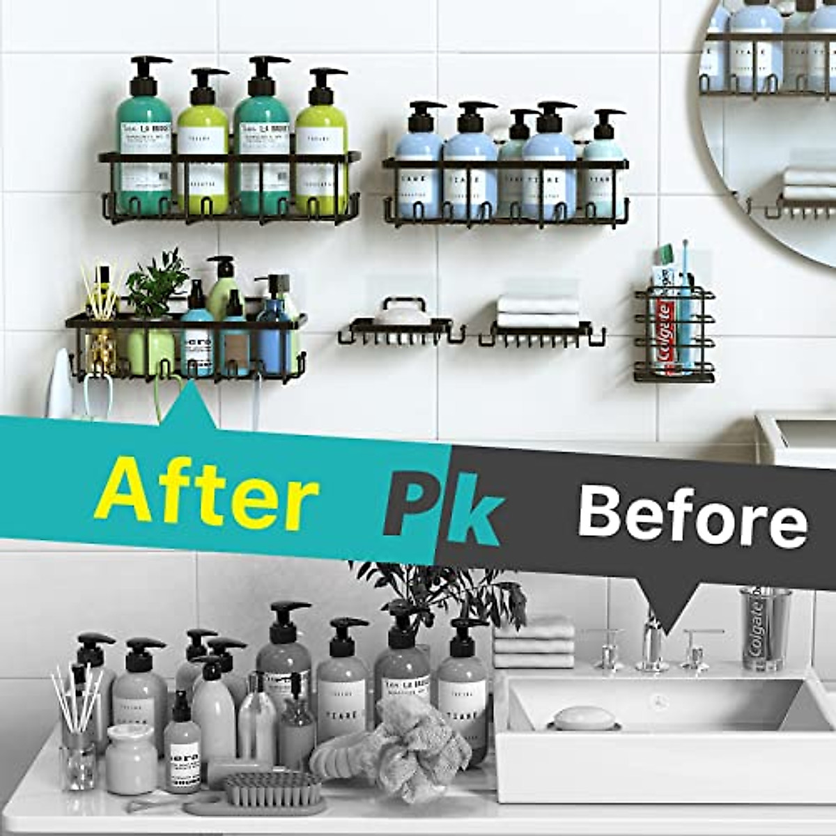 PLOOHT Shower Caddy 6 Pack, Upgraded Stronger Adhesive Shower Organizer, 13in Large Capacity Shower Shelves for Inside Shower, Rustproof Stainless Steel Bathroom Shelves with 10 Hooks, Black