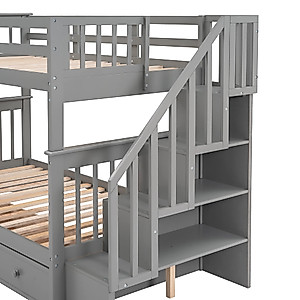 Harper & Bright Designs Twin Over Twin Bunk Bed with Stairs and Guard Rail, Wood Bunk Bed with Storage Drawers Twin Bunk Bed Frame for Bedroom, Dorm, Kids, Teens, Adults (Twin, Gray)