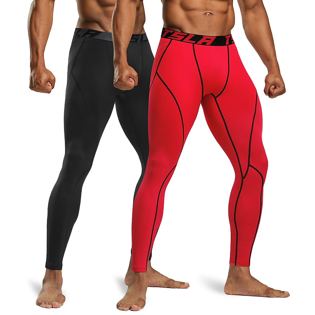 TSLA Men's Thermal Compression Pants, Athletic Sports Leggings & Running Tights, Wintergear Base Layer Bottoms, 2pack Tights Black/Red, Small