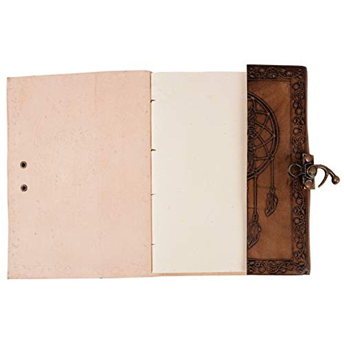 Leather Journal 7 x 5 Inch 220 Page Journal, Vintage Owl Embossed Blank Book, Sketchbook, Notebook Leather Journal (Handmade Unlined Paper) - Pocket style with Lock Closure for Men and Women (Vintage Tan - Plain Paper) (7 x 5 Inch, TC Leather)