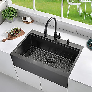 33 Inch Black Drop in Farmhouse Sink, Luckyhorse 33x22x10 Inch 16 Gauge Black Stainless Steel Topmount Workstation Apron Front Kitchen Sink with Accessories LH010S