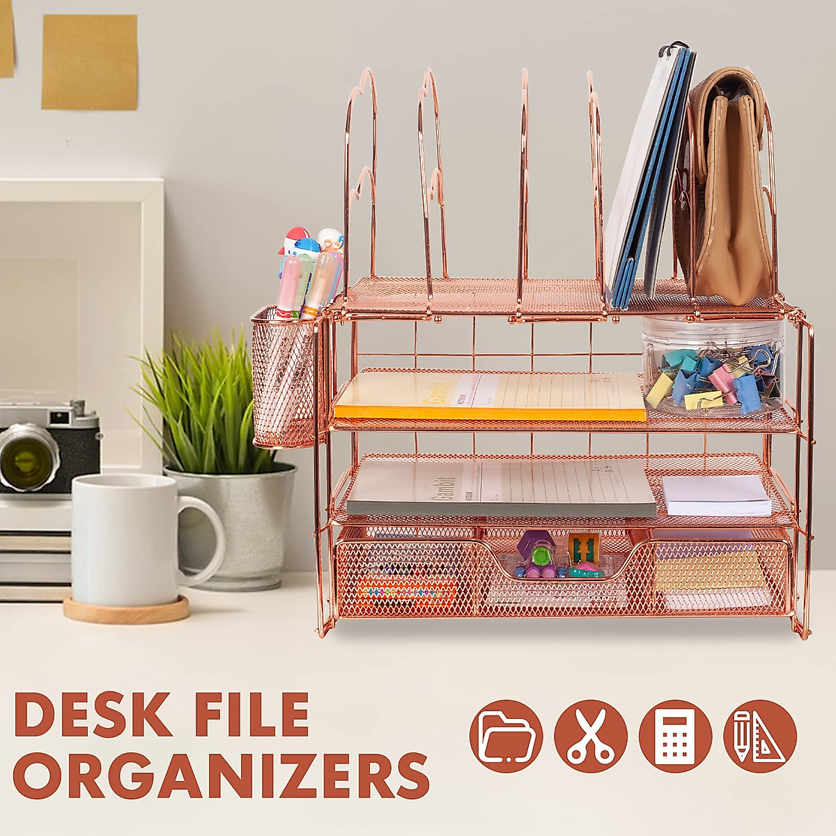 Barelove Rose Gold Desk Organizer with Pen Holder, 4-Trays Mesh Paper Letter File Sorter with 5 Upright Document Rack & Drawer, Desktop Metal Storage Magazine Folder for Home Office School Supplies