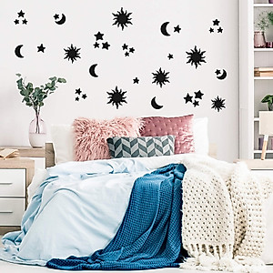 Set of 21 Vinyl Wall Art Decal - Sun Moon & Stars - 22" x 36" (from 2" x 8" Each) - Modern Cute Minimalist Sky Design Stickers for Kids Room Bedroom Playroom Daycare Nursery Classroom Decor (Black)