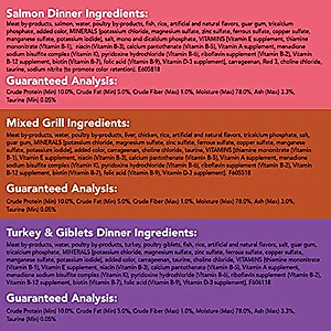 Purina Friskies Pate Wet Cat Food Pate Variety Pack Salmon Dinner, Turkey and Giblets and Mixed Grill - (2 Packs of 12) 5.5 oz. Cans