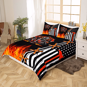Teens Fireman Duvet Cover Set,Kids Retro American Flag Bedding Set King Size,Red and Black Comforter Cover for Boys Bedroom Decor,Flame Quilt Cover with 2 Pillow Cases(No Comforter)