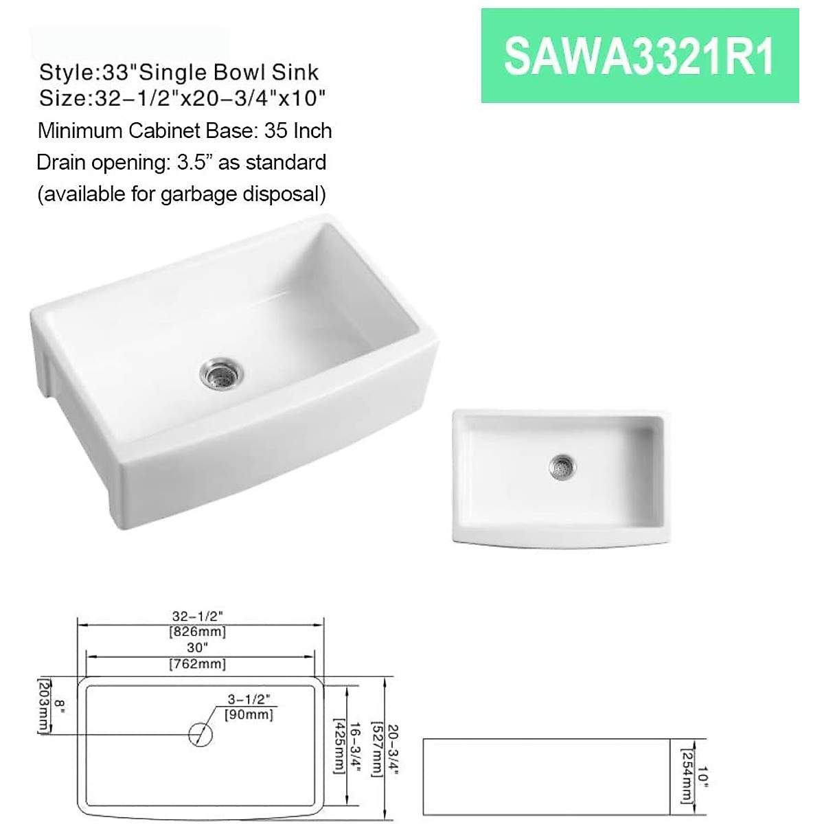 33 White Farmhouse Sink - Sarlai 33 Inch White Kitchen Sink Curved Apron Front Ceramic Porcelain Fireclay Single Bowl Farm Sink Basin
