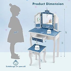 GLACER Kids Vanity, 2-in 1 Makeup Dressing Table w/Detachable Top, Tri-Folding Mirror, Drawer, Stool, Kids Vanity Table and Chair Set, Toddler Vanity, Pink Leopard Print (Blue Snowflake Print)