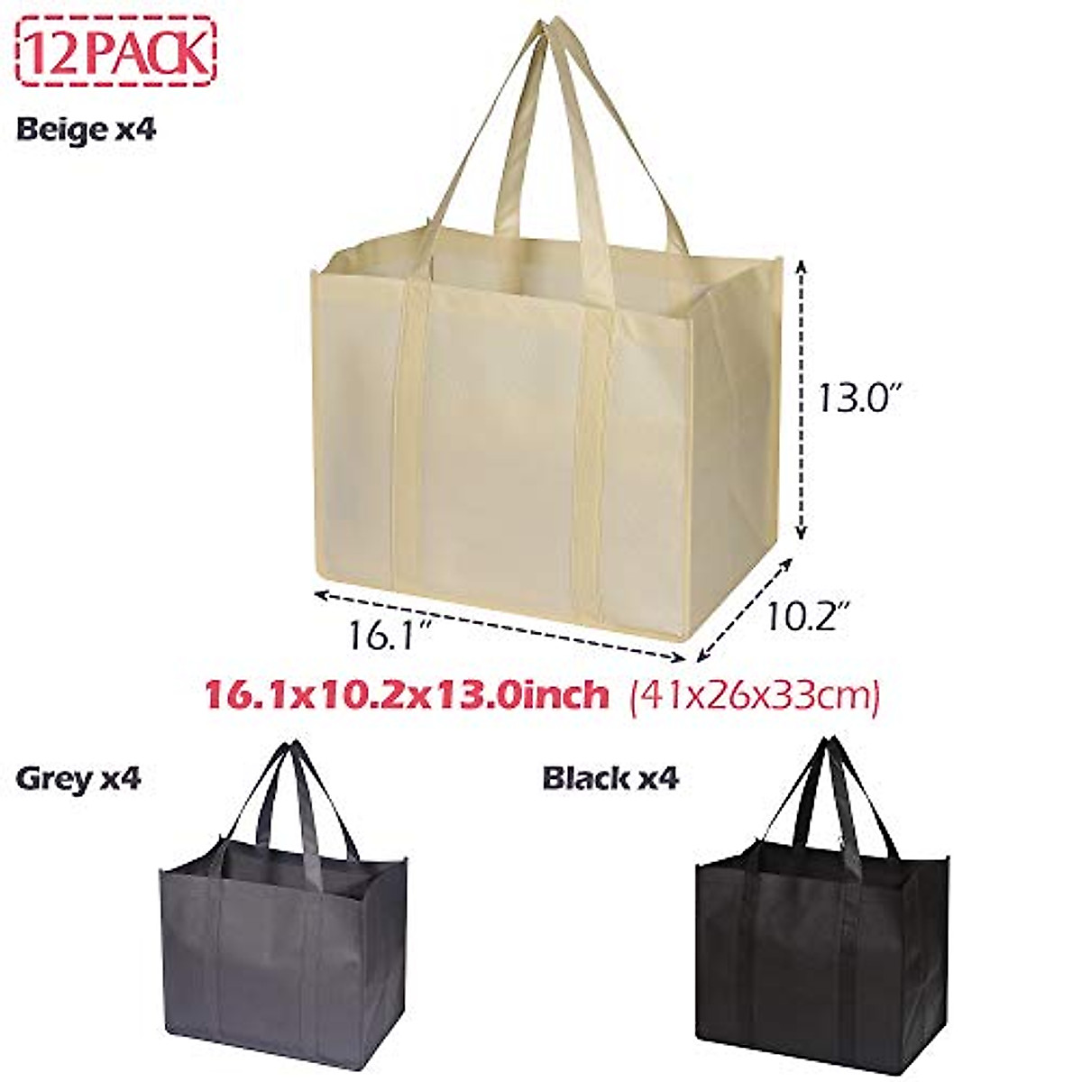 Set of 12 Reusable Grocery Bags Large Foldable Heavy Duty Shopping Tote Produce Bag with Reinforced Handles for Groceries Clothes Vegetables Fruit, Black Grey Beige