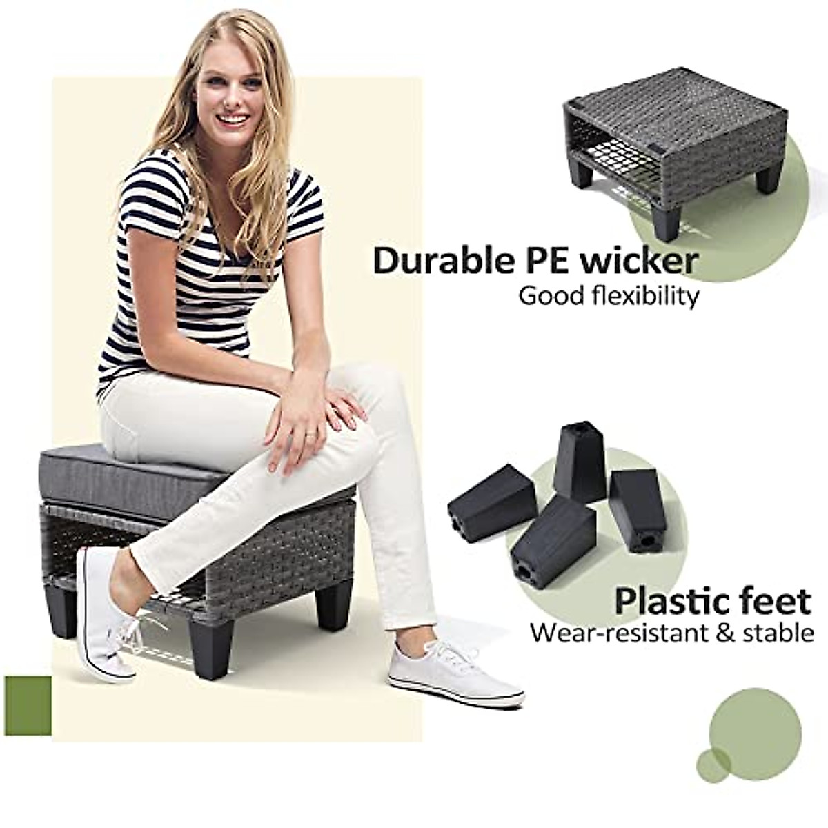 JOINHOM 2 Pieces Outdoor Patio Wicker Ottoman,Indoor Rattan Footrest Seat with Removable Comfortable Cushions, for Bedroom, Living Room,Balcony, Backyard, Garden