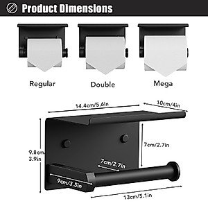 Tindbea Toilet Paper Holder with Phone Shelf + Towel Robe Hooks, Adhesive or Screw Wall Mounted Toilet Paper Roll Storage, Stainless Steel Bathroom Tissue Roll Holder (Matte Black)