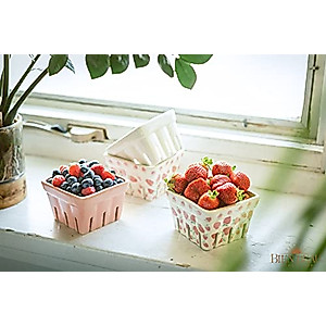 Farmhouse Ceramic Berry Basket, Colander, Strawberry Decor, Fruit Bowls, Fruit Baskets, Kawaii Strawberry Kitchen bowl, Pink White and Cute Strawberry pattern Stoneware Harvest Square Bowls Set of 4