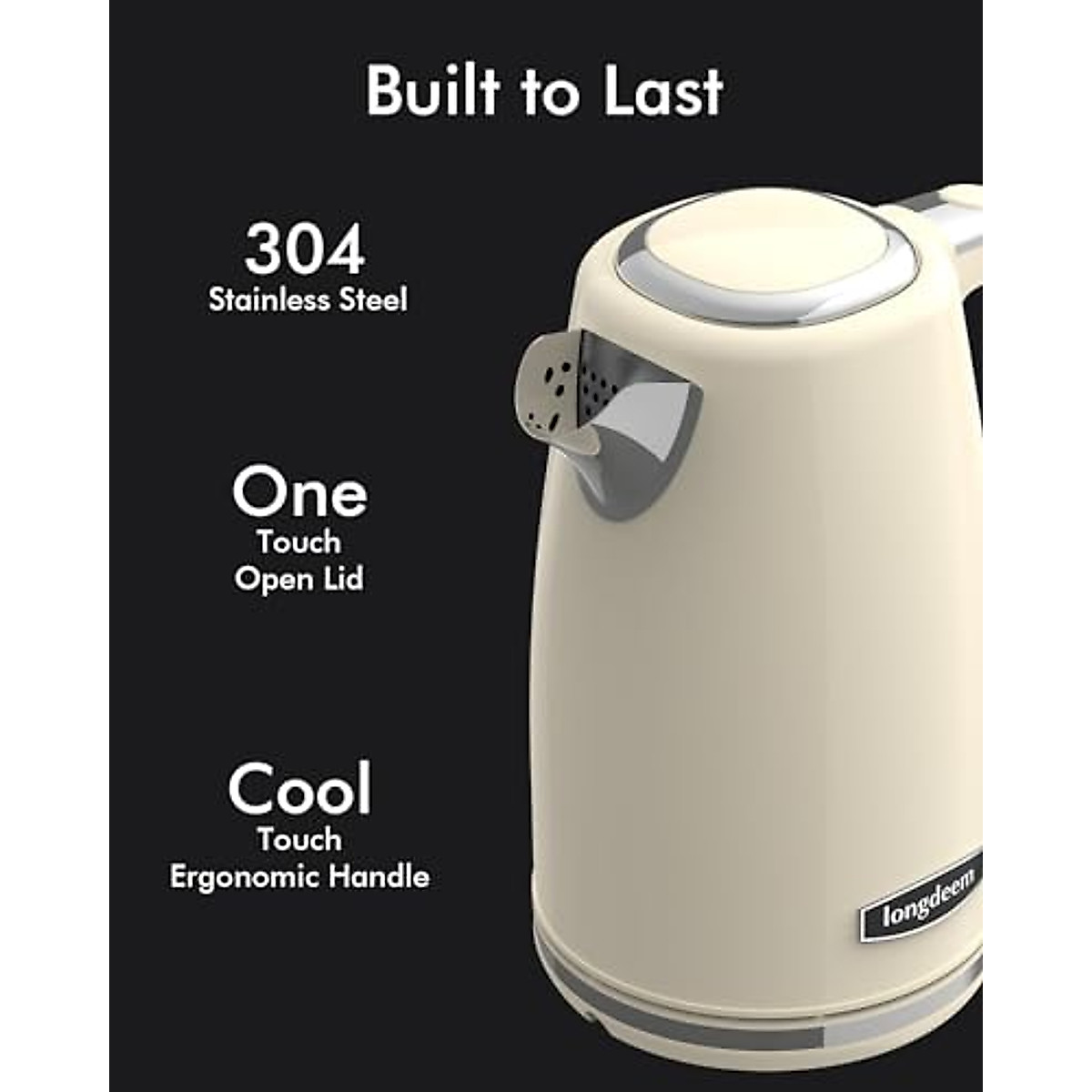 LONGDEEM Electric Kettle Stainless Steel 1.7L - 1500W Quick Boil, Retro Style, Auto Shut-Off, Boil Dry Protection with Filter & Water Gauge - Perfect for Tea, Hot Water, Cream