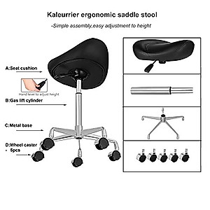 Kaleurrier Ergonomic Rolling Swivel Saddle Stool with Wheels,Hydraulic Pneumatic Lifting Height Adjustable Lightweight Chair for Clinic Hair Salon Massage Lab Kitchen Home Office (Black, Without Back)