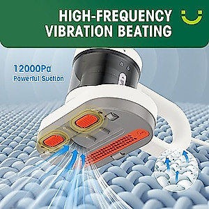 Mucheed Bed Vacuum Cleaner Mattress Vacuum Cleaner with 12Kpa Powerful Suction and Light Weight,Corded Handheld UV Vacuum Cleaner High Frequency Double Beat for Bed,Sheets,Sofa,Carpets
