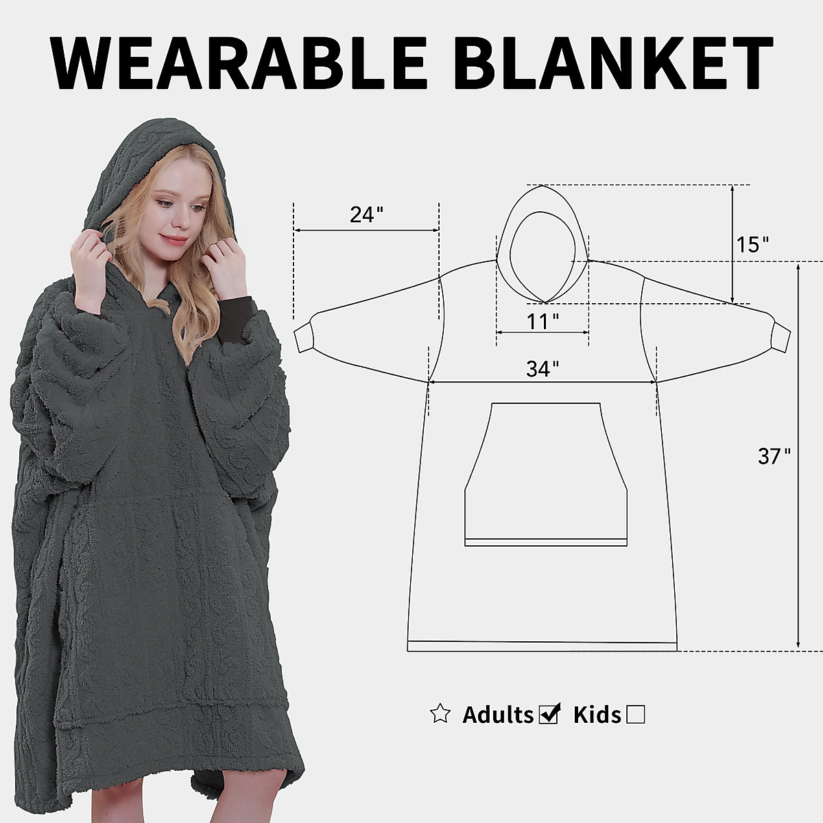 Easy-Going Oversized Wearable Blankets, Cozy and Plush Jacquard Flannel Hoodie Blanket with Front Pocket, Adults, Dark Gray