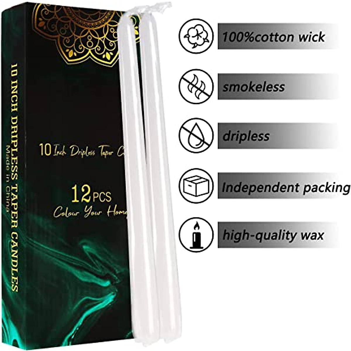 White Dinner Candles - 12 Pack Unscented 10 Inch Straight Taper Candle Set - 7.5 Hour Burn Time- Smokeless and Dripless Household, Spa, Wedding, and Party Candlesticks