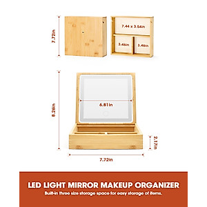 Onism Bamboo Makeup Organizer with LED Light Mirror, Cosmetic Organizer Storage for Store Cosmetics, Makeup Brushes, Jewelry, Hair Accessories, Perfect for Bathroom, Bedroom, Vanity