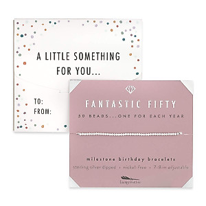 Lucky Feather 50th Birthday Gifts for Women Turning 50 - Sterling Silver Dipped Beads Bracelet on Adjustable Cord, 50th Birthday Jewelry Gift Ideas for 50 Year Old Woman