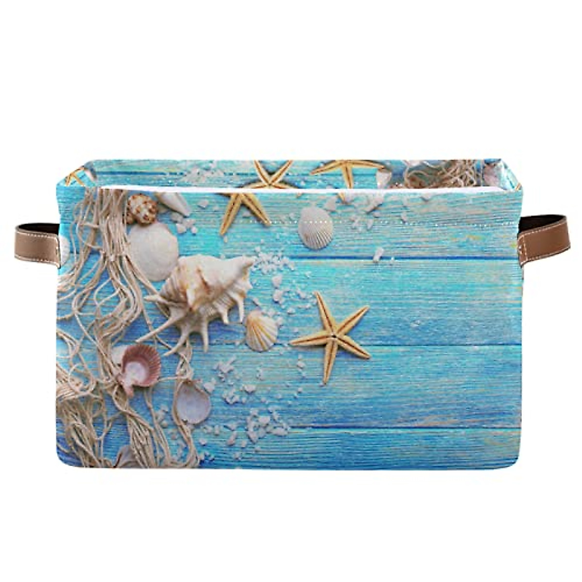FZDXZJJ Summer Beach Wooden Starfish Storage Basket Bins, Ocean Nautical Decorative Baskets Storage Box Collapsible Storage Cubes Organizer with Handles for Nursery Shelf Closet Office Home Bedroom,1 Pack