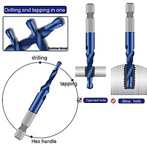 6 Packs Combination Drill & Taps Bit Set, Screw Tapping in 6 Sizes Metric Thread M3 M4 M5 M6 M8 M10 with Nano Blue Coating， Hex Shank