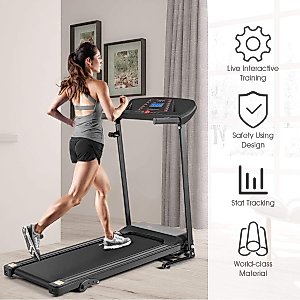 Goplus Electric Folding Treadmill, Adjustable Incline and Low Noise Design, with LCD Display and Heart Rate Sensor, Compact Running Machine for Home Office Apartment Black