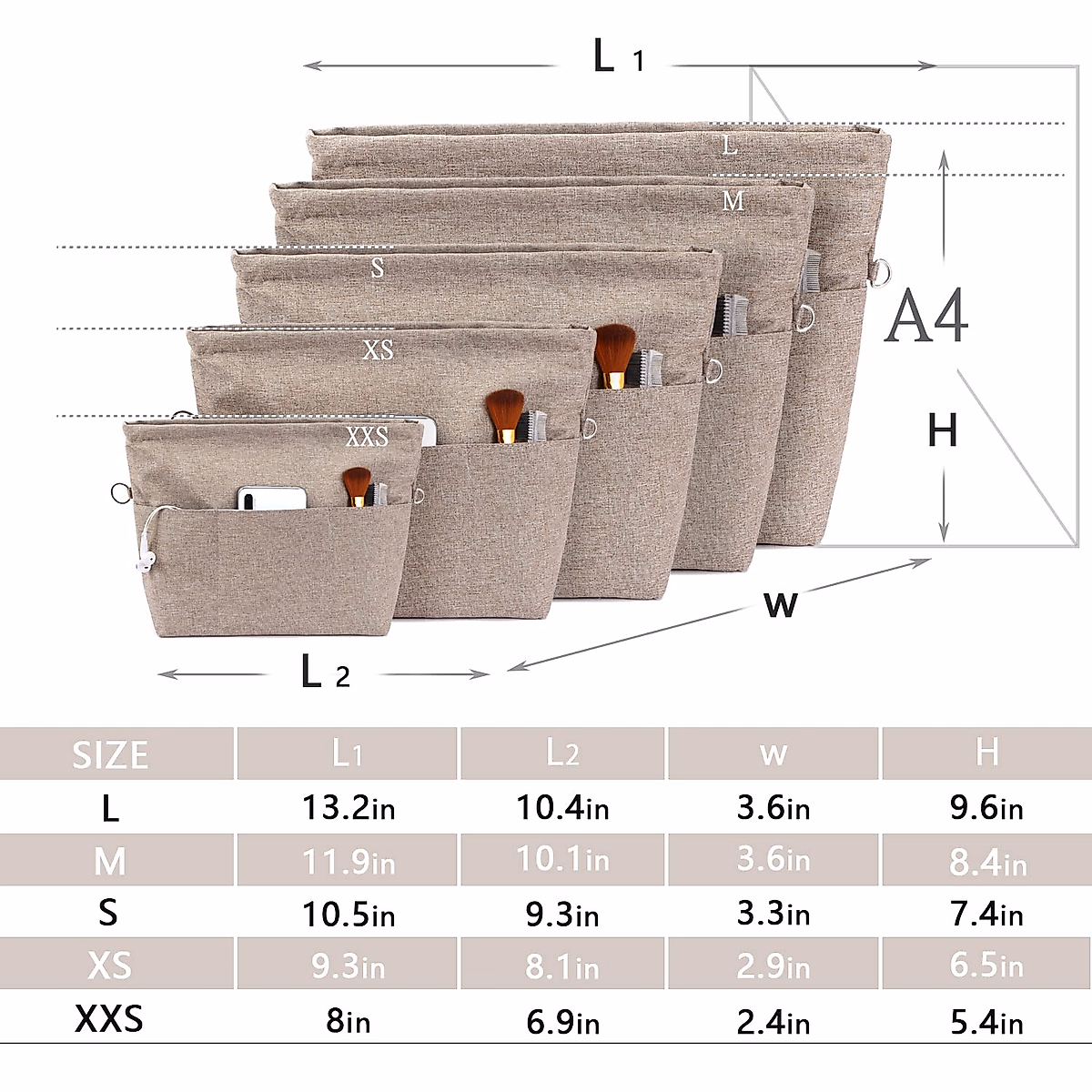 VANCORE Purse Bag Organizer Insert with 13 Pockets, Handbag and Tote Bag Inside Shaper with Zipper (Khaki, Medium)