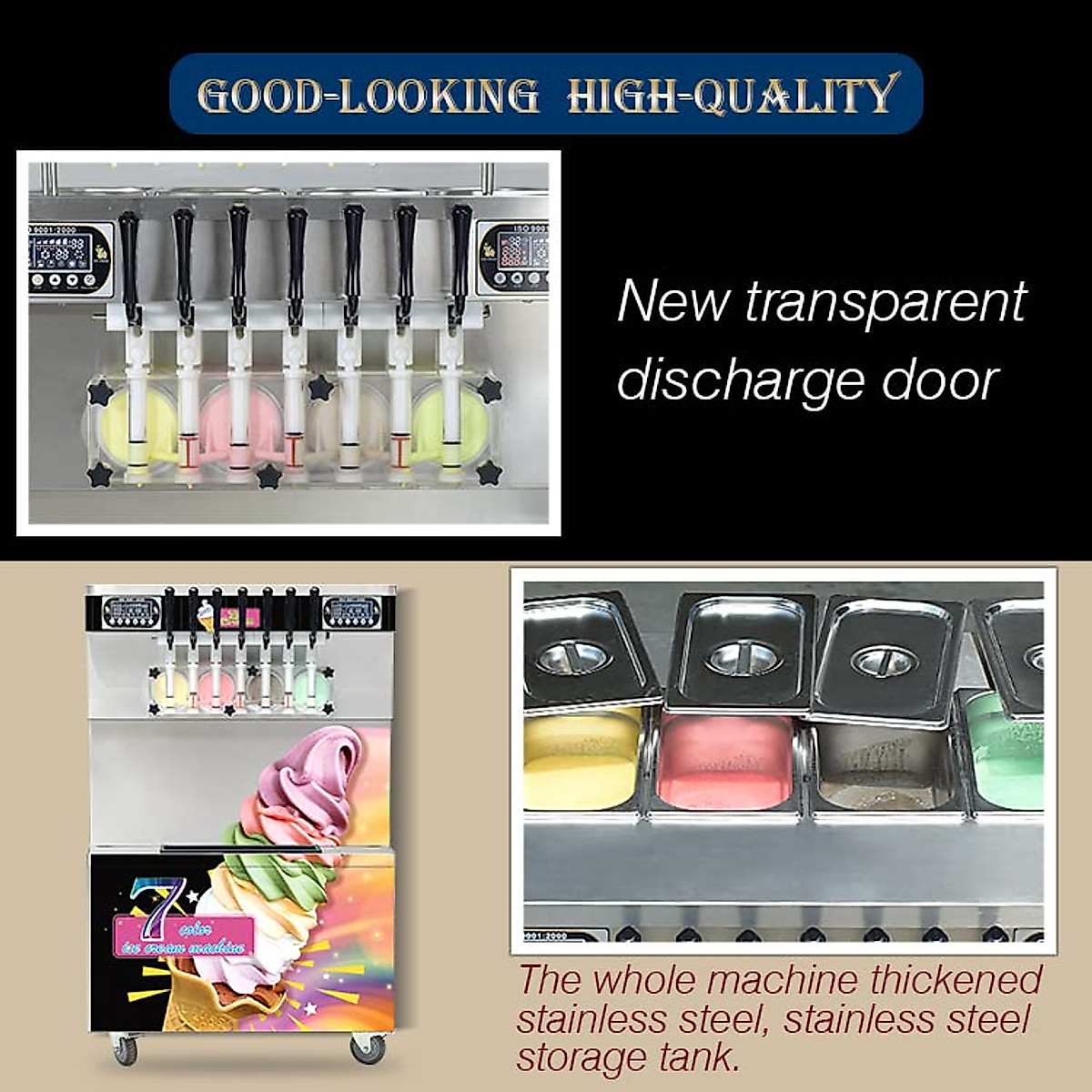 Kolice Commercial ETL high capacity 7 flavors soft serve ice cream machine, gelato ice cream maker, 4+3 mixed frozen yogurt ice cream machine-full transperant dispenser, upper tanks refrigerated