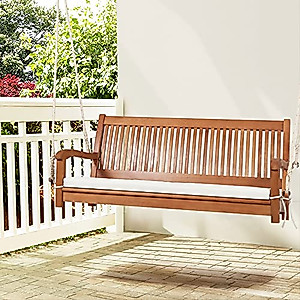 Happygrill Hanging Porch Swing 2-Seat Wooden Swing Bench with Cushion and Hanging Ropes, Outdoor Patio Swing for Garden and Backyard