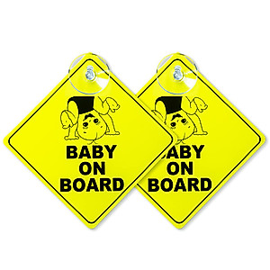 2Pcs Baby on Board Sticker Sign for Cars Bright Yellow Baby On Board Warning Signs with Suction Cups for Car Window Waterproof Sunproof Durable and Strong Safety Warning Car Sticker Signs 5"x5"