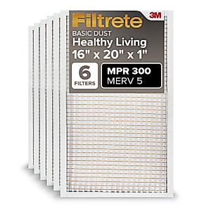 Filtrete 16x20x1 AC Furnace Air Filter, MERV 5, MPR 300, Capture Unwanted Particles, 3-Month Pleated 1-Inch Electrostatic Air Cleaning Filter, 6-Pack (Actual Size15.69x19.69x0.81 in)