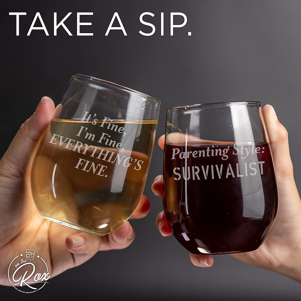 On The Rox Drinks Wine Gifts for Moms - 17oz Everything's Fine and Survivalist Stemless Wine Glass Set of 2 - Funny Mom Gifts for Mother's Day, Christmas, Birthday - Daughter's Best Mom Ever Gift
