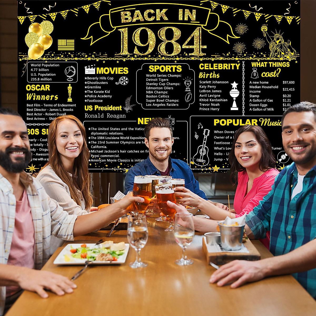 DARUNAXY 40th Birthday Black Gold Party Decoration, Back in 1984 Banner 40 Year Old Birthday Party Poster Supplies Vintage 1984 Backdrop Photography Background for Men & Women 40th Class Reunion Decor