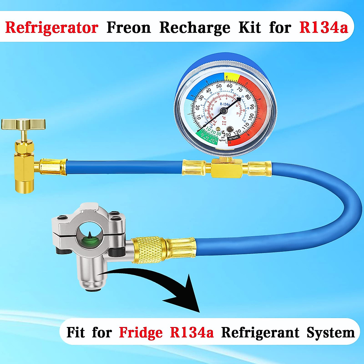 R134A Refrigerator Freon Recharge Hose Kit-R134a AC Refrigerant Charging Guage Hose Set with BPV31 Bullet Piercing Tap Valve and R134a Self-Sealing Adapter, for Home A/C Refrigerant System (Red)
