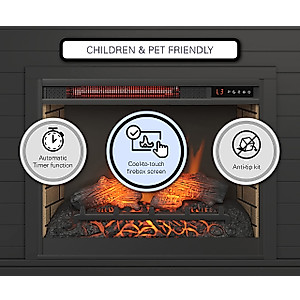 Bridgevine Home Washington Modern Farmhouse Electric Fireplace with Mantel, 48 inches, Poplar and Knotty Alder Solid Wood, Black and Whiskey Finish